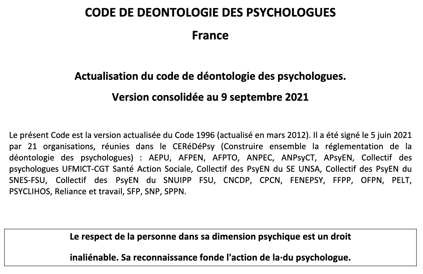 Code de déontologie – PSYTAB